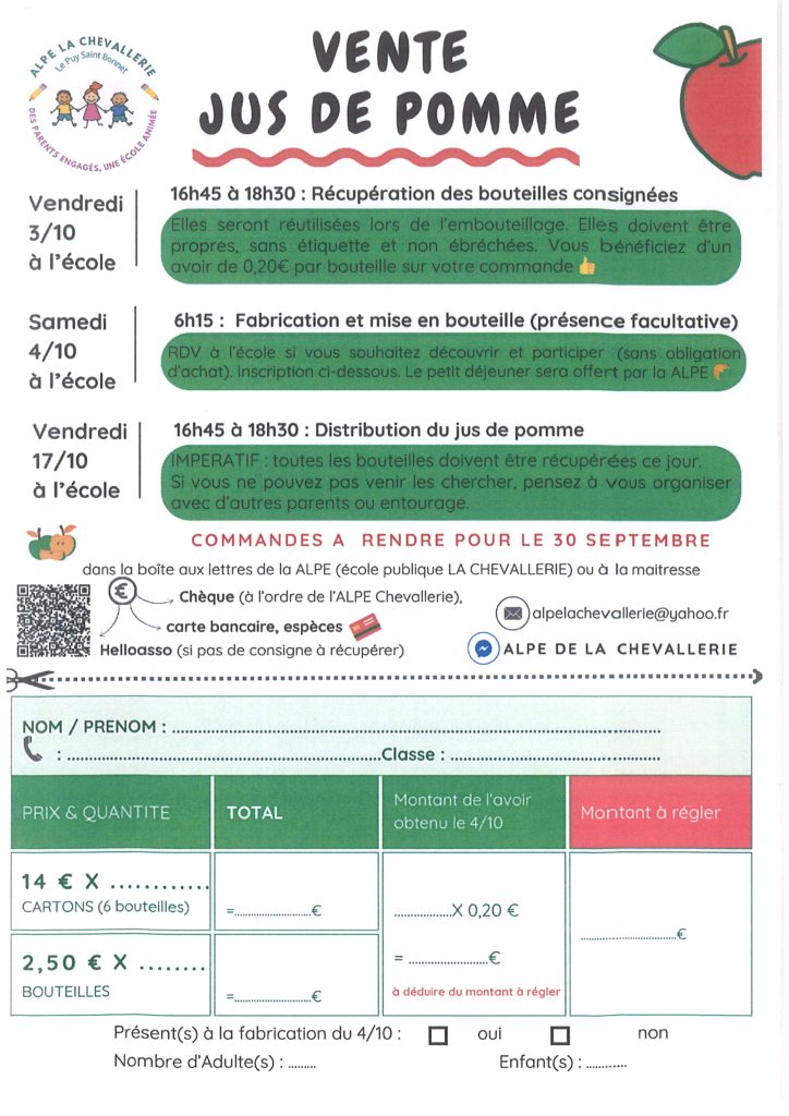 Ecole Primaire La Chevallerie – Cholet » Vente de jus de pomme